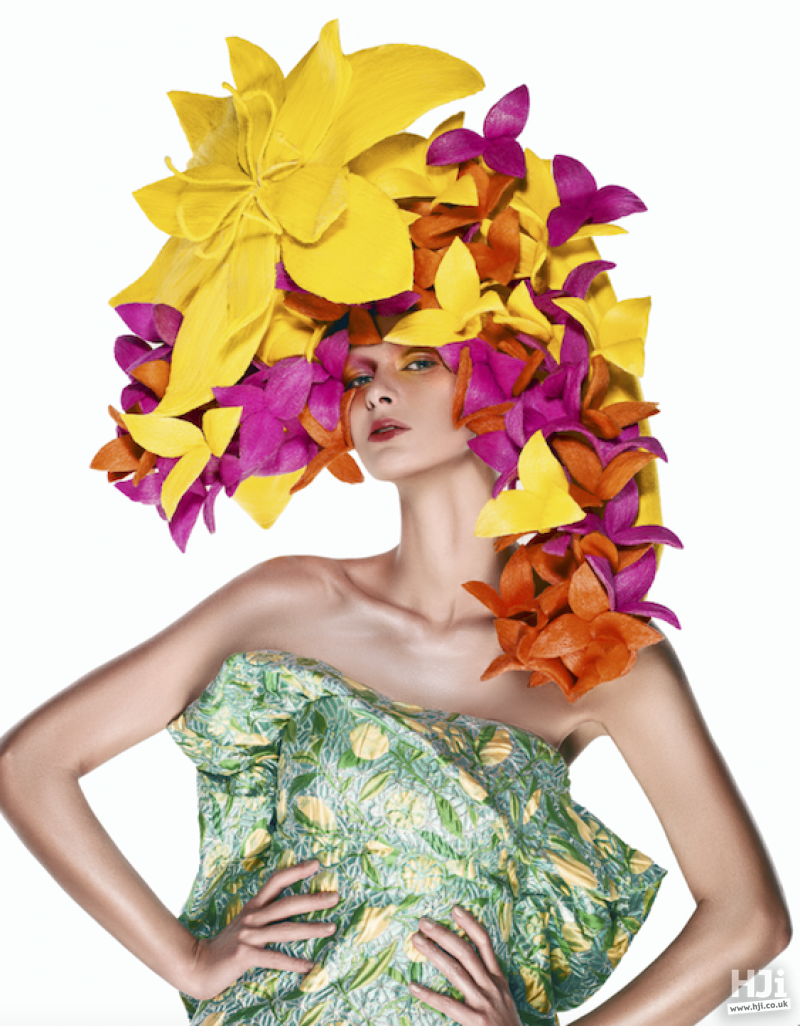 Avant garde styling with spring yellow and purple flowers