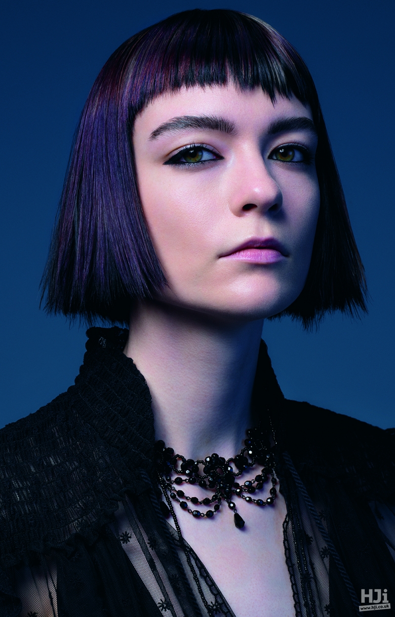 Bob cut with highlights and sharp fringe