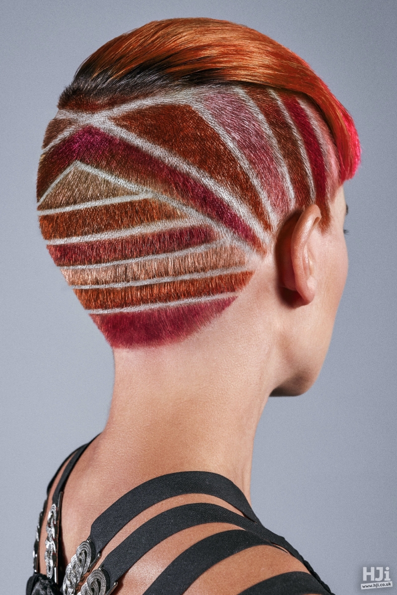 Shaved, geometric, colourful hair with sleek top