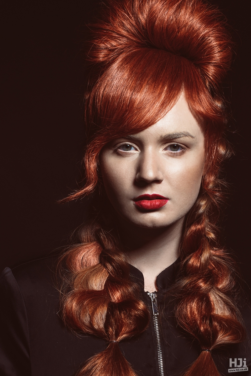 Sleek shiny red updo