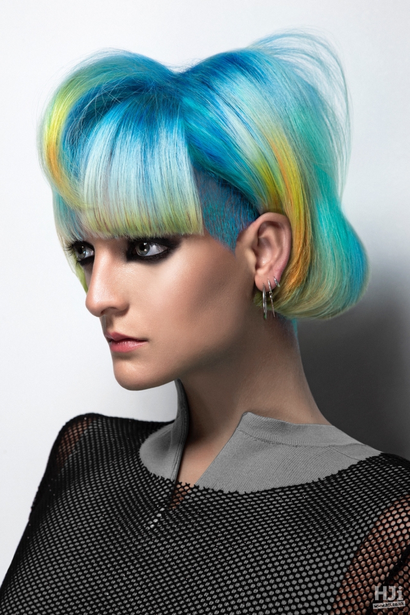 Multi-coloured bob with eyelash-sweeping fringe and peek-a-boo shaved sides