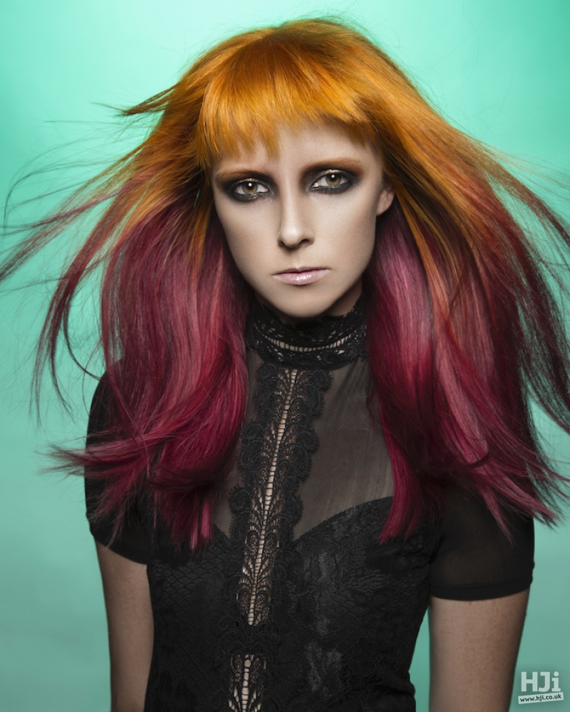 Split colour long straight style with choppy fringe