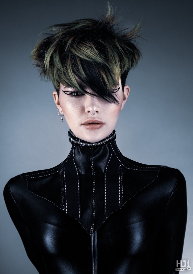 Bob cut with long fringe and green shades